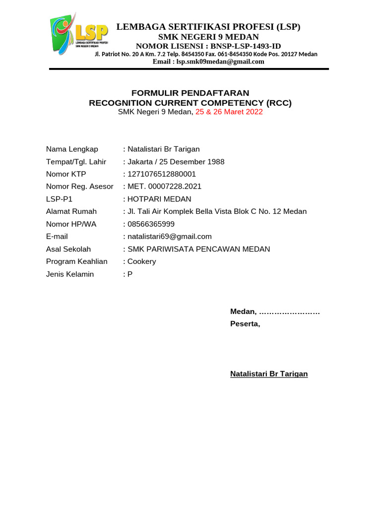 Formulir RCC SMK Negeri 9 Medan | PDF
