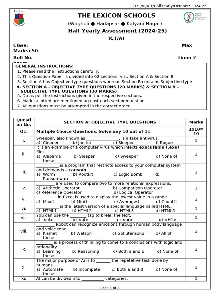 Tls Hy Ict QP Classvi 2024 | PDF | Html | Artificial Intelligence