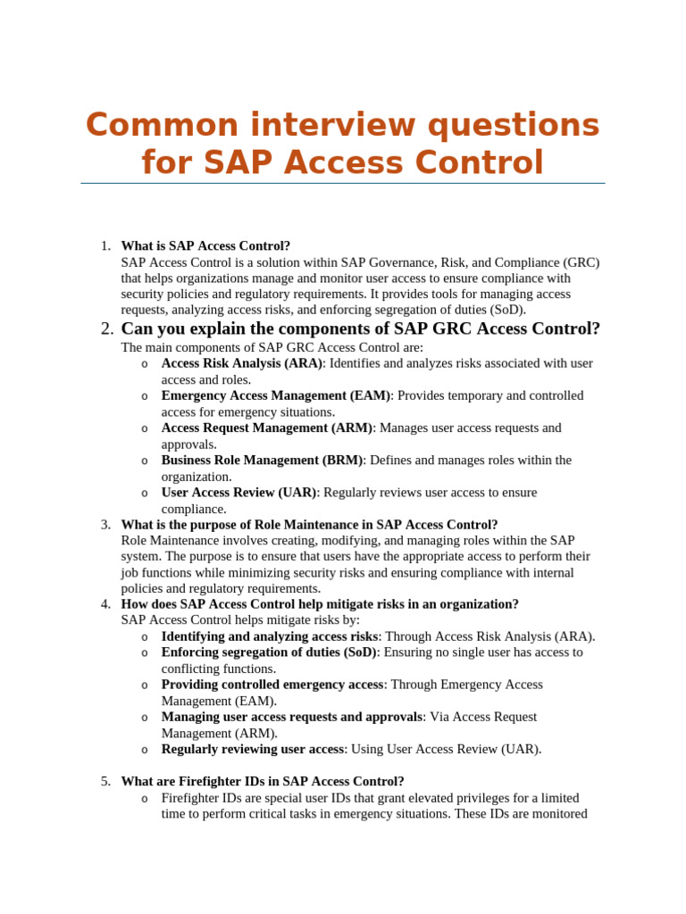 Common Interview Questions For SAP Access Control | PDF | Access ...
