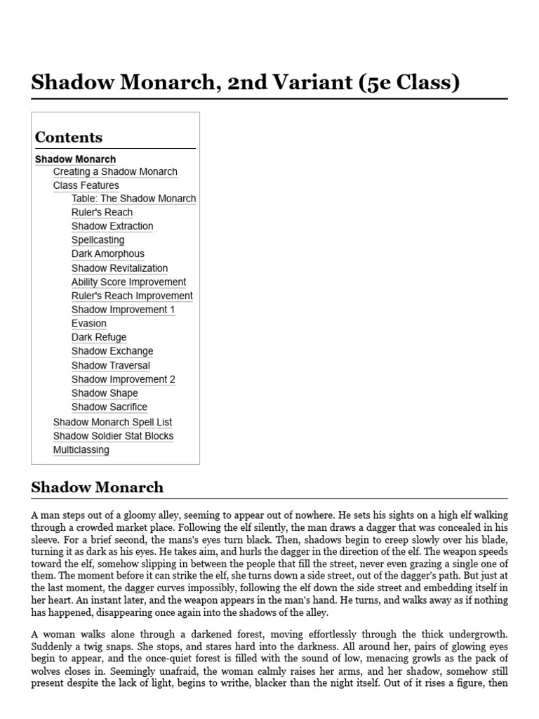 Shadow Monarch Class Overview | PDF