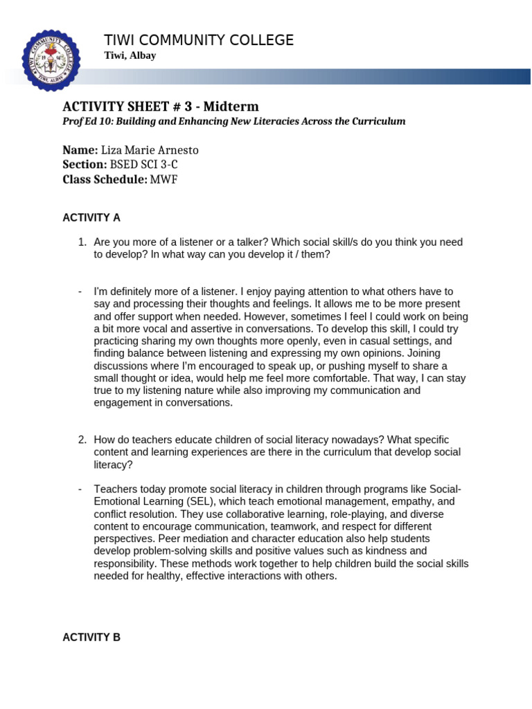 PROFED 10 - BENLAC - Activity Sheet # 3 | PDF