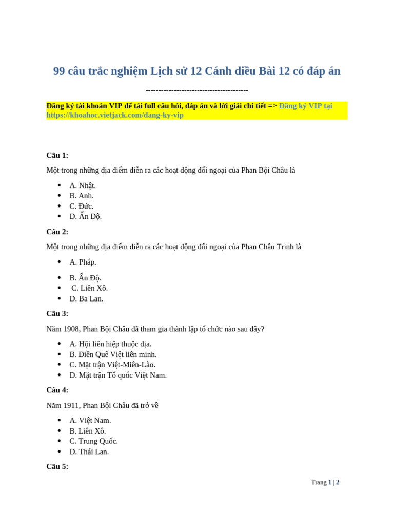 99 Cau Trac Nghiem Lich Su 12 Canh Dieu Bai 12 Co Dap An - 2025 - 02 - 09 | PDF