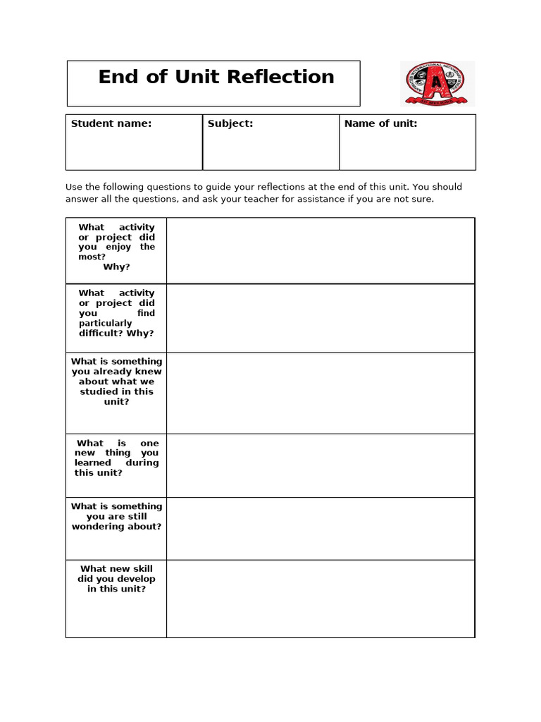 End of Unit Reflection | PDF