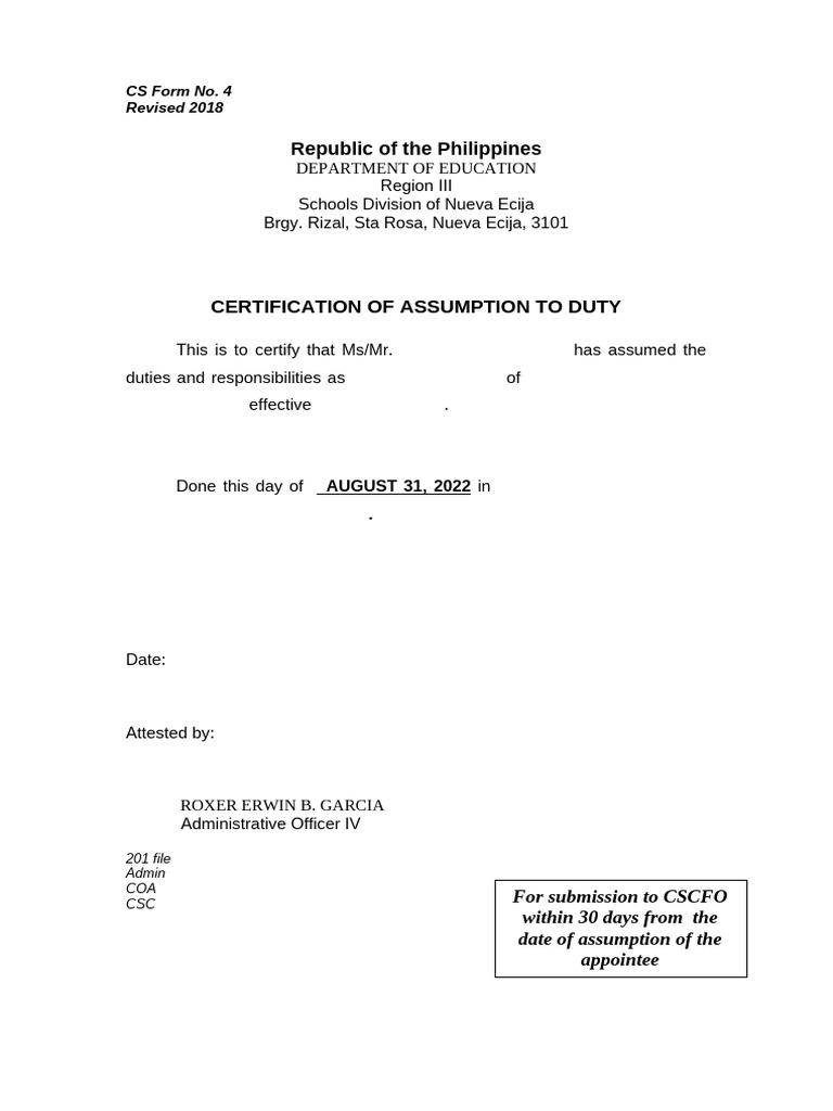 CS Form No. 4 Certification of Assumption To Duty | PDF