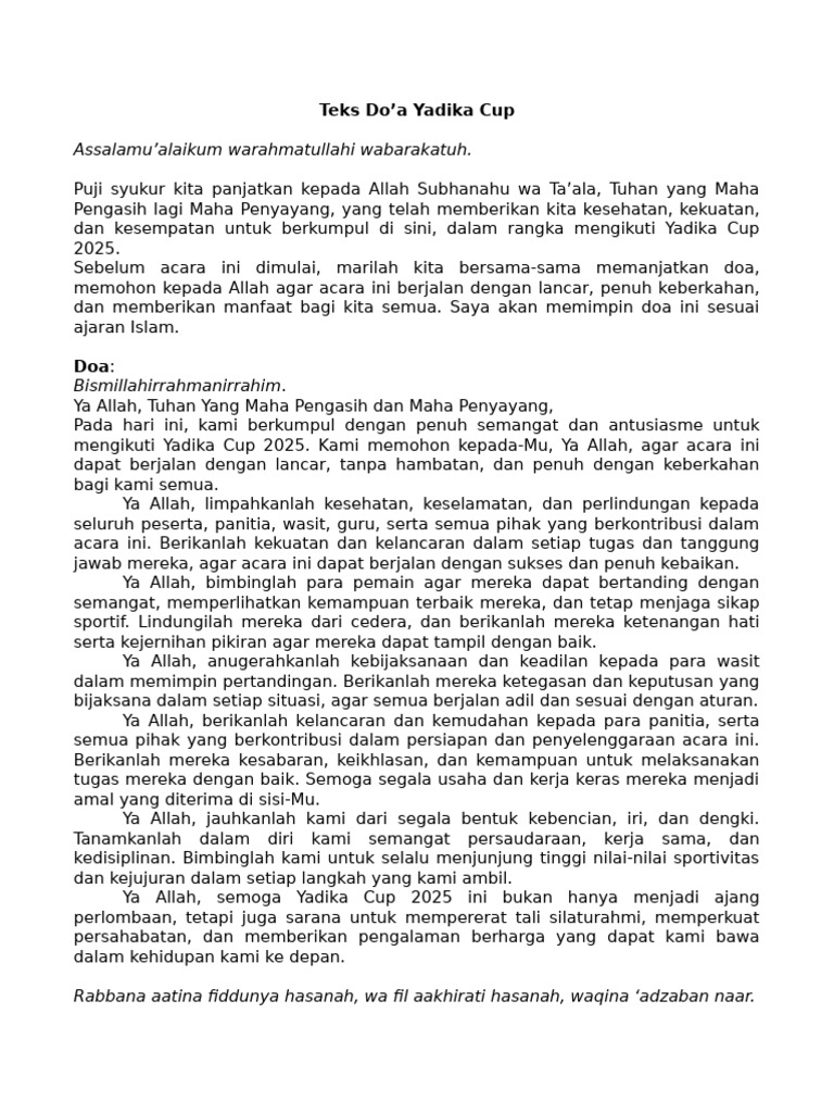 Doa Pembukaan Yadika Cup 2025 | PDF