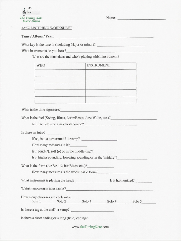 Jazz Listening Worksheet | PDF