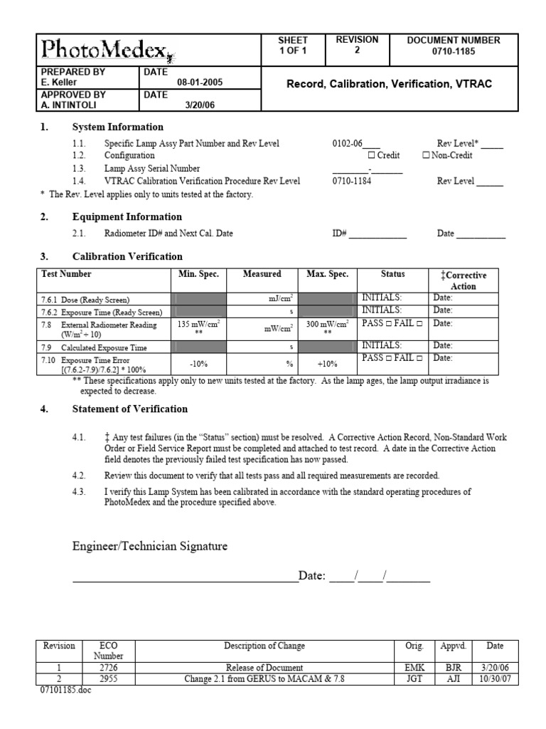 0710-1185 R2 Record, Calibration, Verification, VTRAC | PDF | Calibration | Specification ...