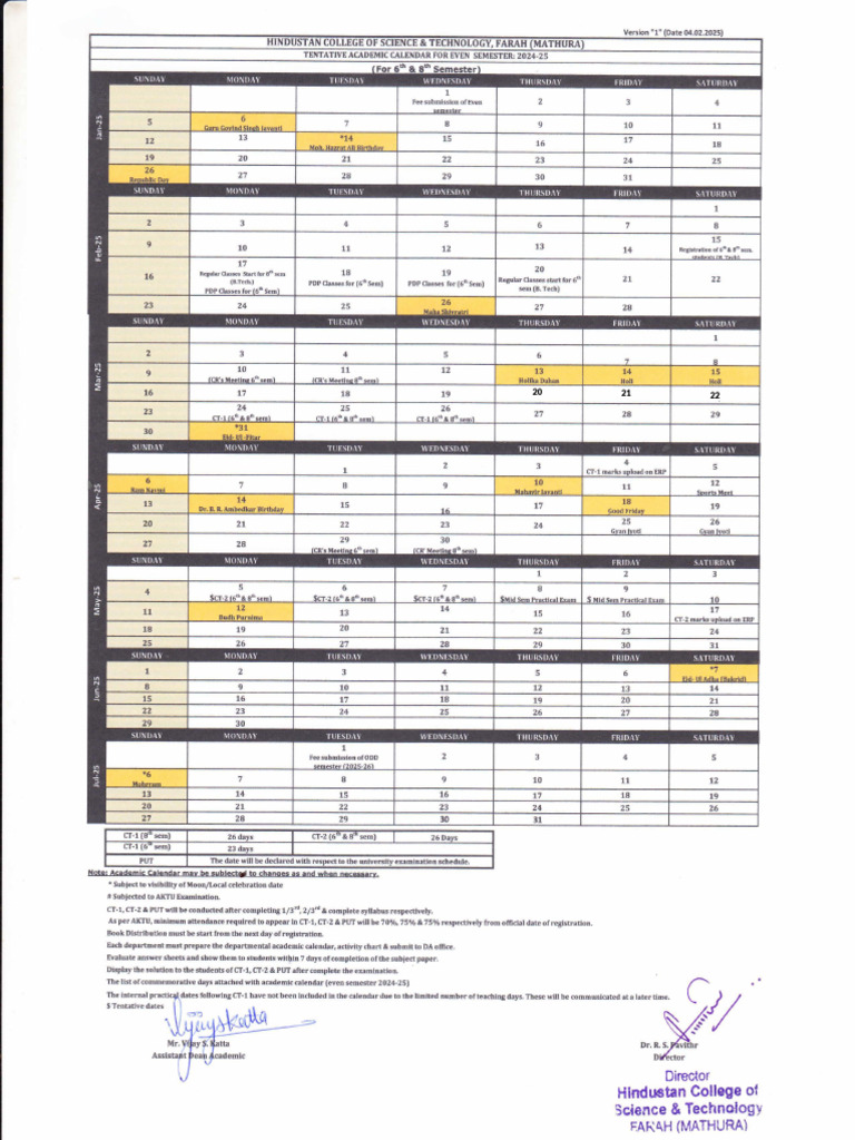 Academic Calandar Even Sem 2024-25 For 6th and 8th Sem | PDF