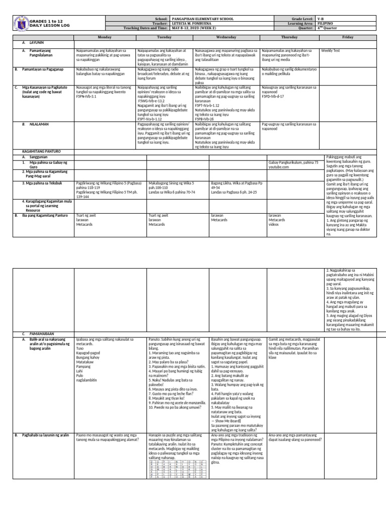 Grade 5 DLL FILIPINO 5 Q4 Week 2 | PDF