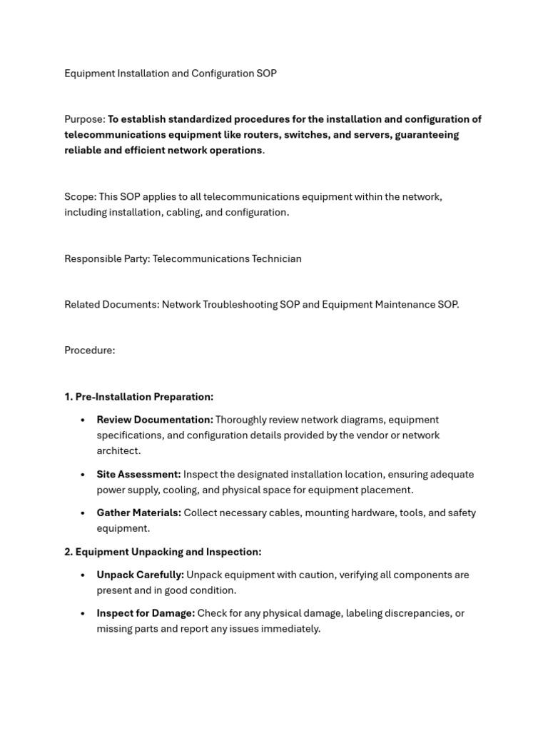 Telecom Equipment Install SOP | PDF | Computer Network | Communications Protocols