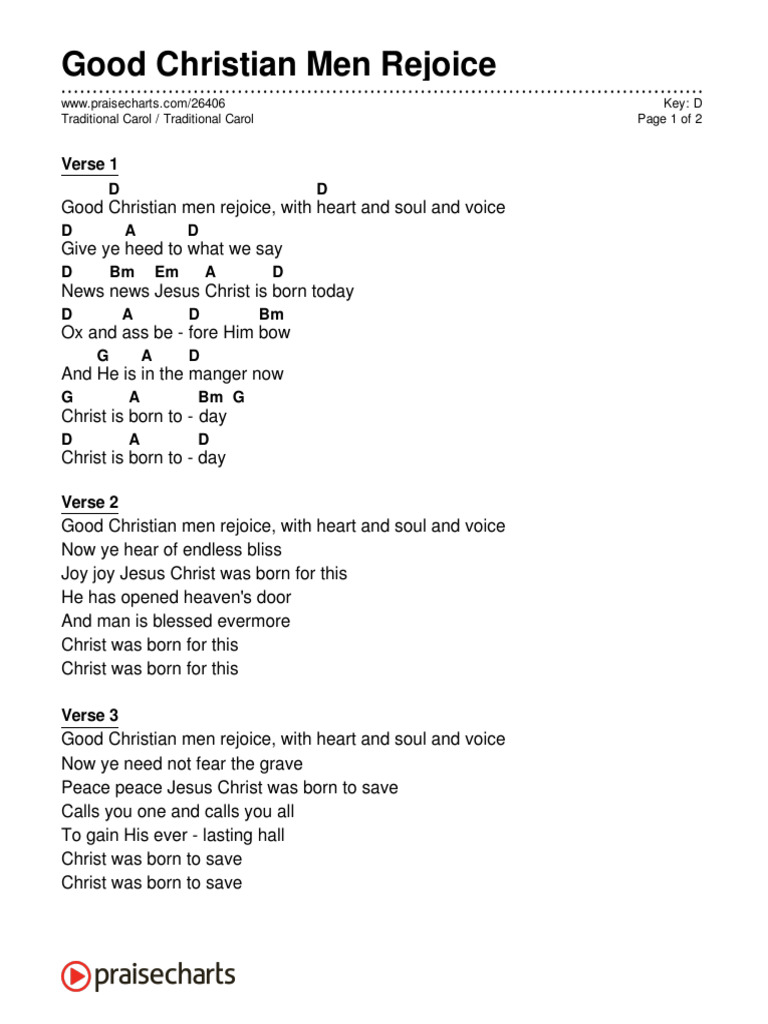 Good Christian Men Rejoice (Traditional ... ) Chord Chart - D - 1 ...