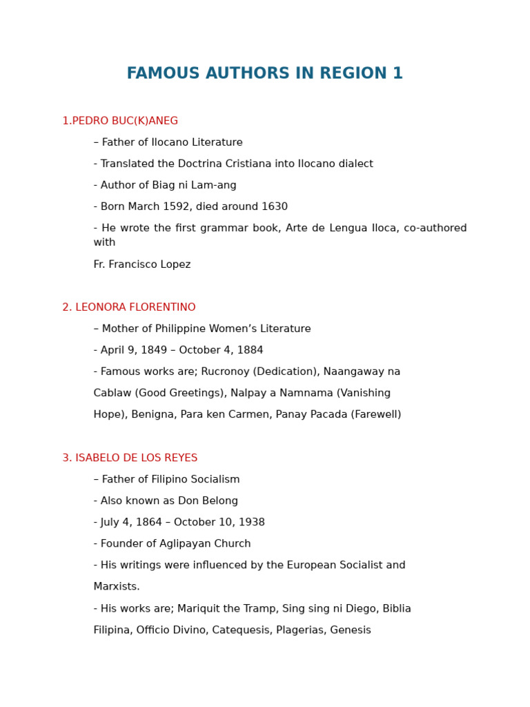 Notable Authors from Region 1 | PDF | Philippines | Spanish Language ...