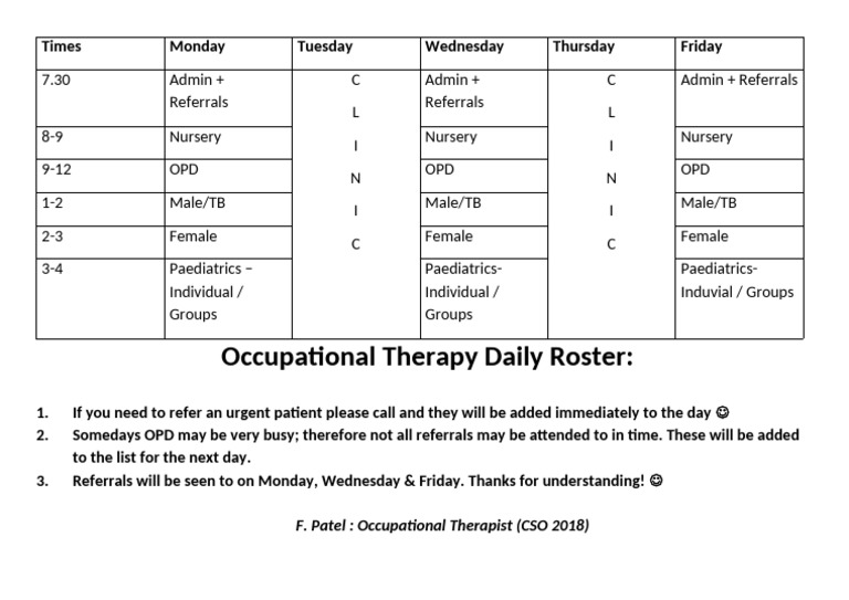 Occupational Therapy Timetable | PDF