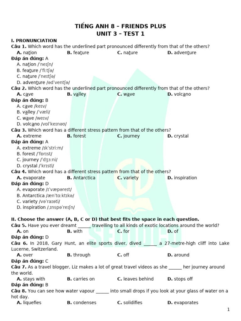 Unit 3 Test: English 8 - Friends Plus | PDF | Fish