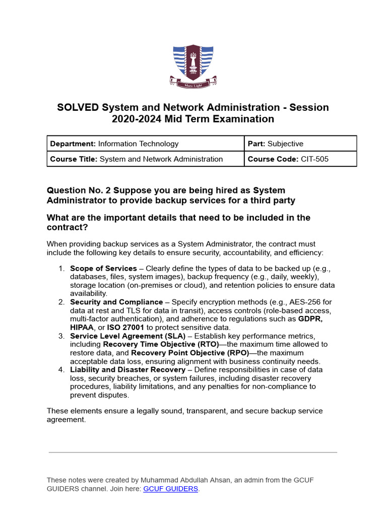 SOLVED System and Network Administration CIT-505 - BS IT (5th Semester) Session 2020-2024 GCUF ...