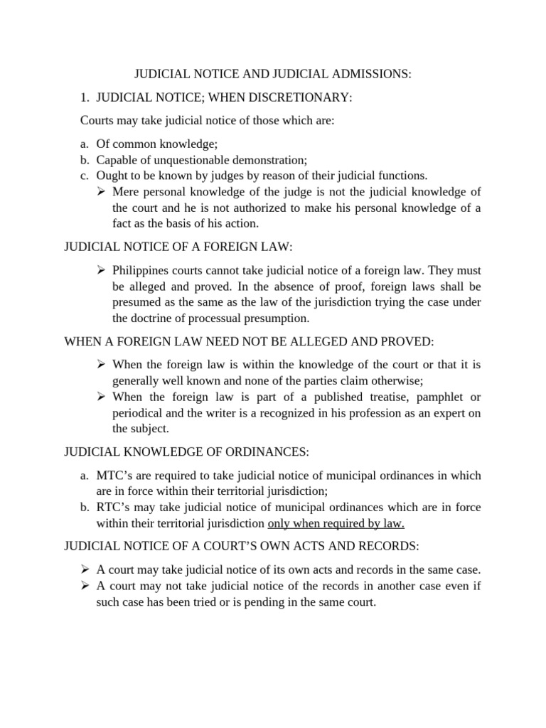 Judicial Notice and Judicial Admissions | PDF | Evidence (Law ...