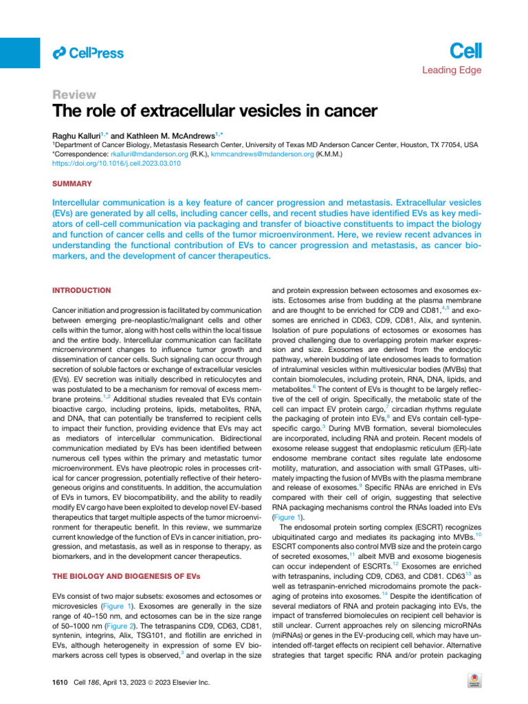 Extracellular Vesicles in Cancer Progression | PDF | Metastasis ...