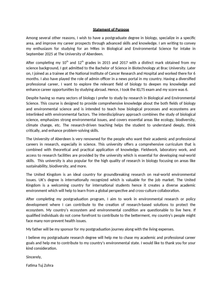 SOP For MRes in Bio & Environmental Science at Aberdeen. | PDF ...