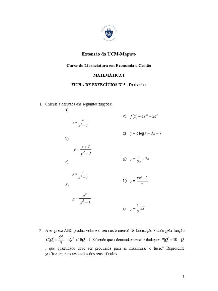 Ficha de Exercícios 5 - Derivadas | PDF | Derivado | Custo