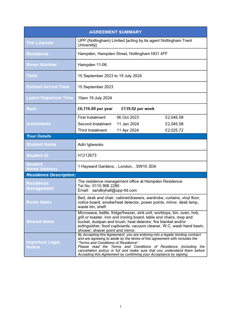 Agreement Summary The Licensor Residence Room Number Term Earliest ...
