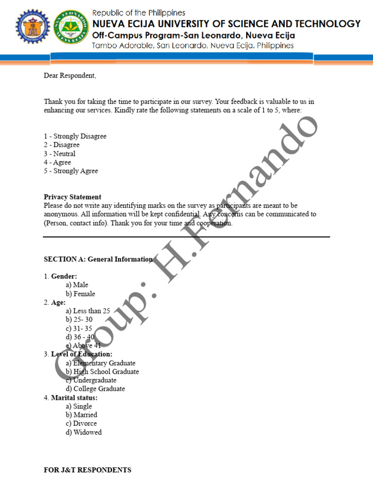 JNT Survey Questionnaire | PDF | Inventory | Infrastructure