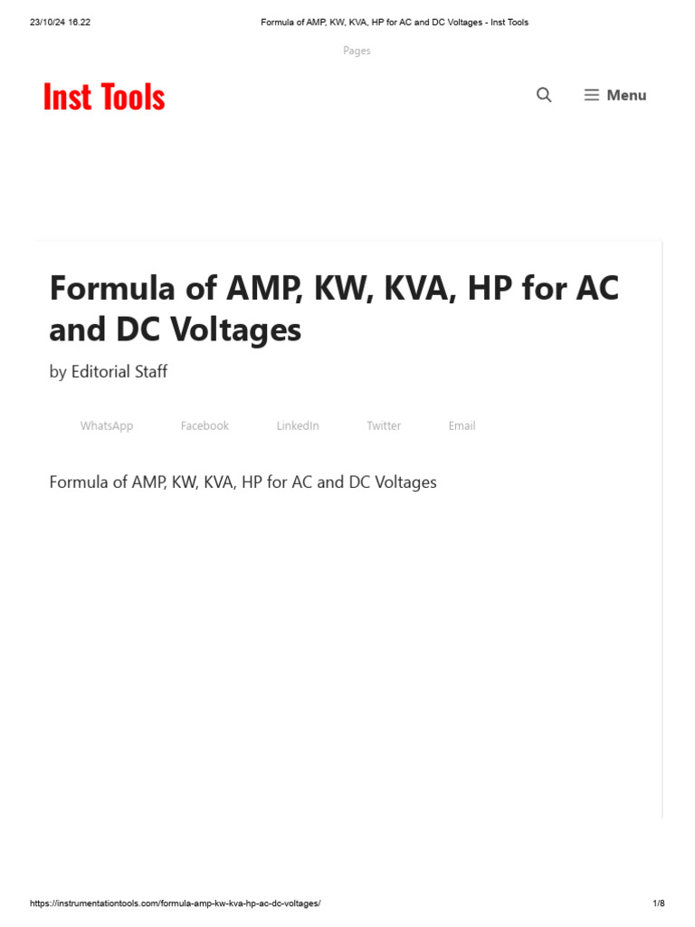 Formula of AMP, KW, KVA, HP For AC and DC Voltages - Inst Tools | PDF ...