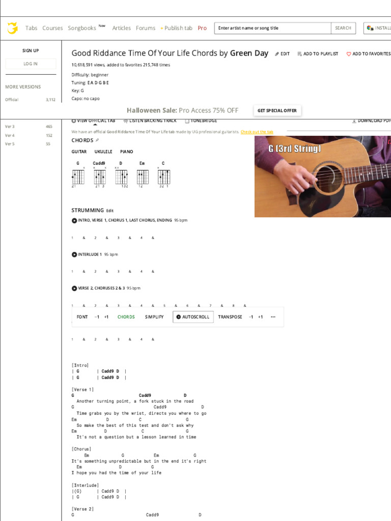 GOOD RIDDANCE TIME OF YOUR LIFE CHORDS by Green Day @ | PDF | Song ...