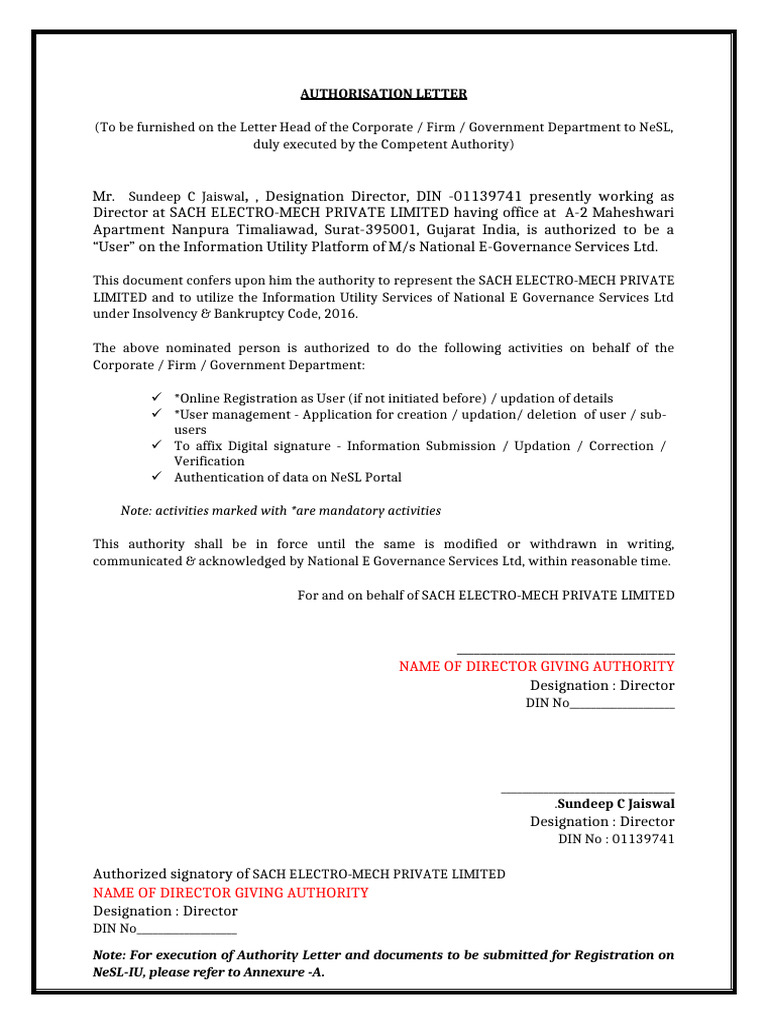 NeSL Authorization Letter Template | PDF | Signature | Authentication