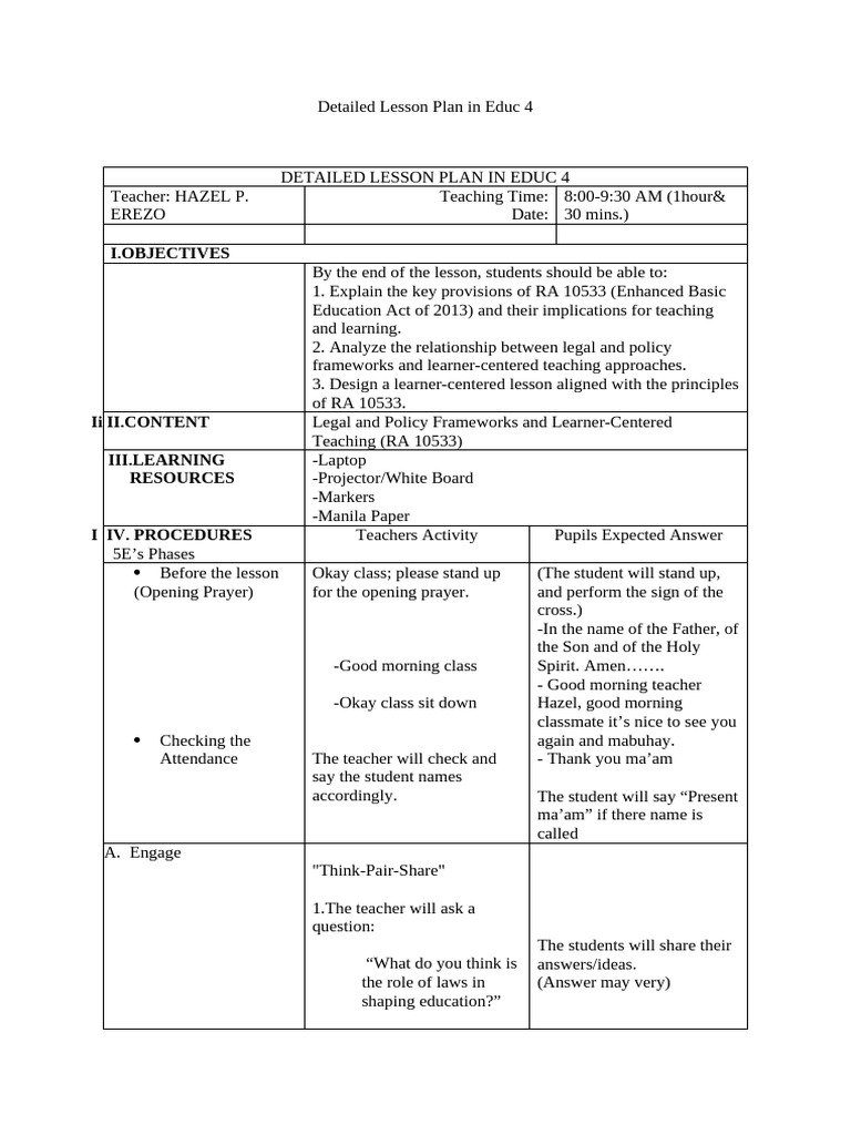 Lesson Plan on RA 10533 Principles | PDF | Lesson Plan | Differentiated ...