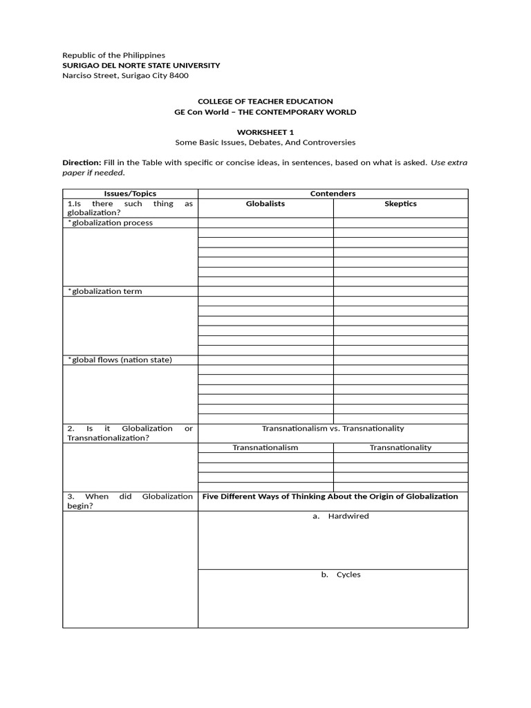 Globalization Issues and Debates Worksheet | PDF