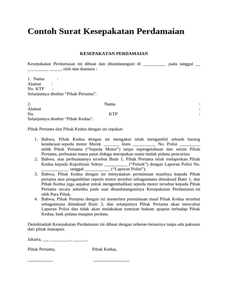 Contoh Surat Kesepakatan Perdamaian | PDF