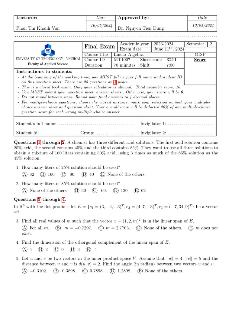 Final Linear 232 | PDF | Eigenvalues And Eigenvectors | Multiple Choice