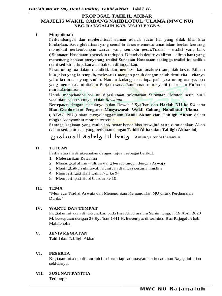 Proposal Tahlil Akbar MWC NU R 1441 H | PDF