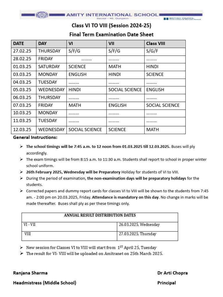 VI-VIII Annual Examination DATE SHEET 24-25 | PDF
