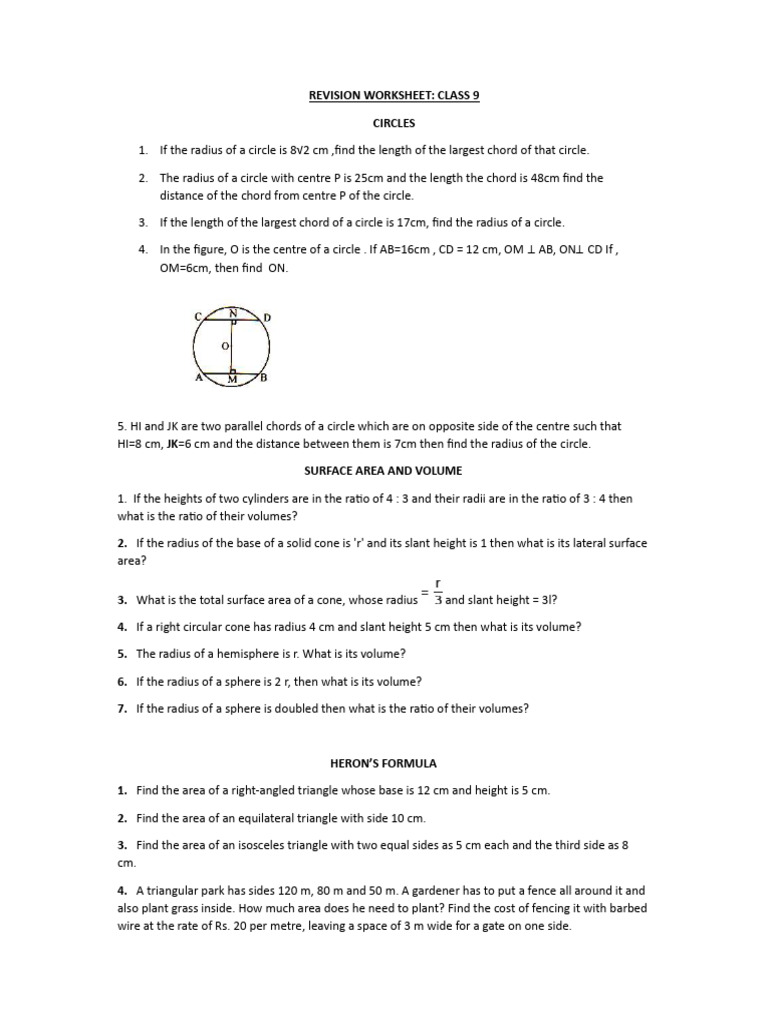 Class 9 Final Revision Worksheet | PDF | Triangle | Area