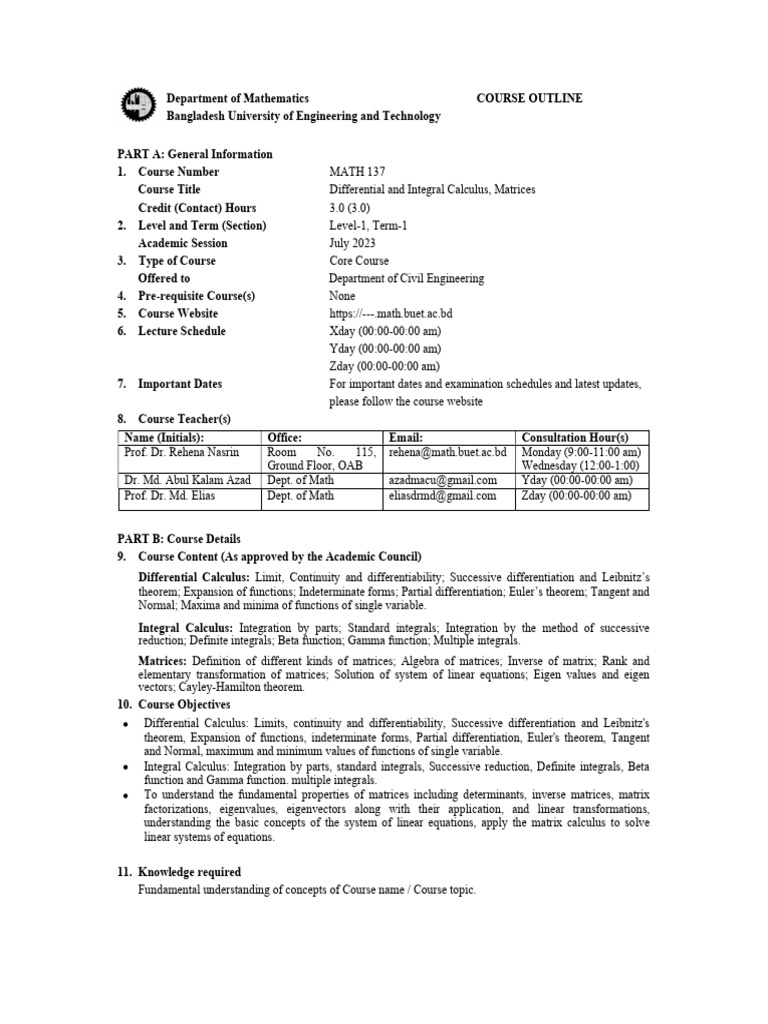 Course Outline | PDF | Eigenvalues And Eigenvectors | Matrix (Mathematics)