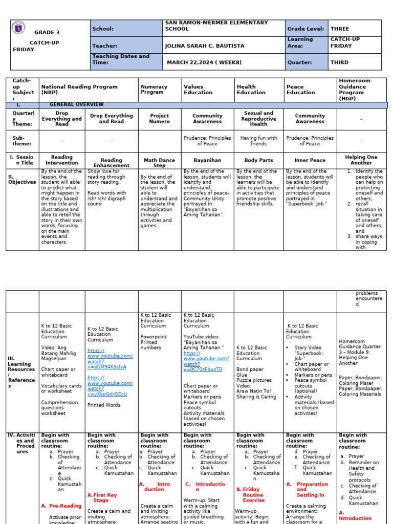 WEEK-8-DLL-CATCH-UP-FRIDAY-GRADE-3 | PDF | Reading Comprehension | Learning