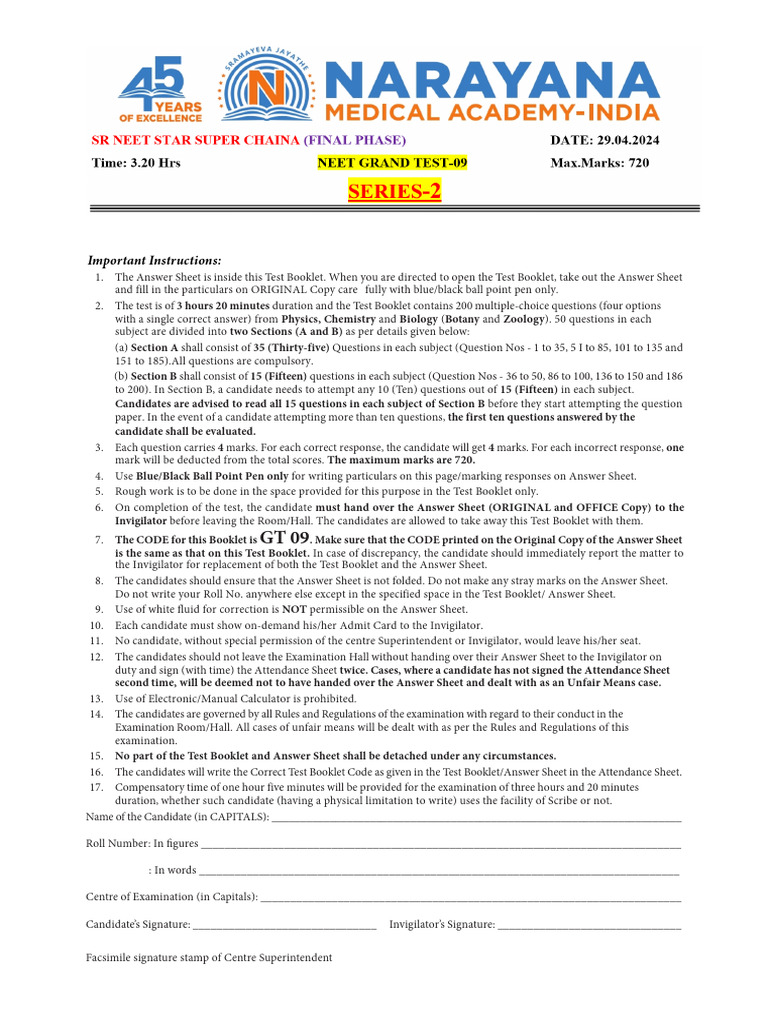 (Ser-2) SR Neet Star Super Chaina (Neet Grand Test-9) Q.P Ex - Dt. 29. ...