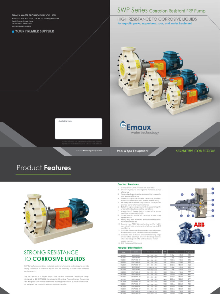 Swp Pump Brochure English Double Page Version | PDF | Pump | Materials