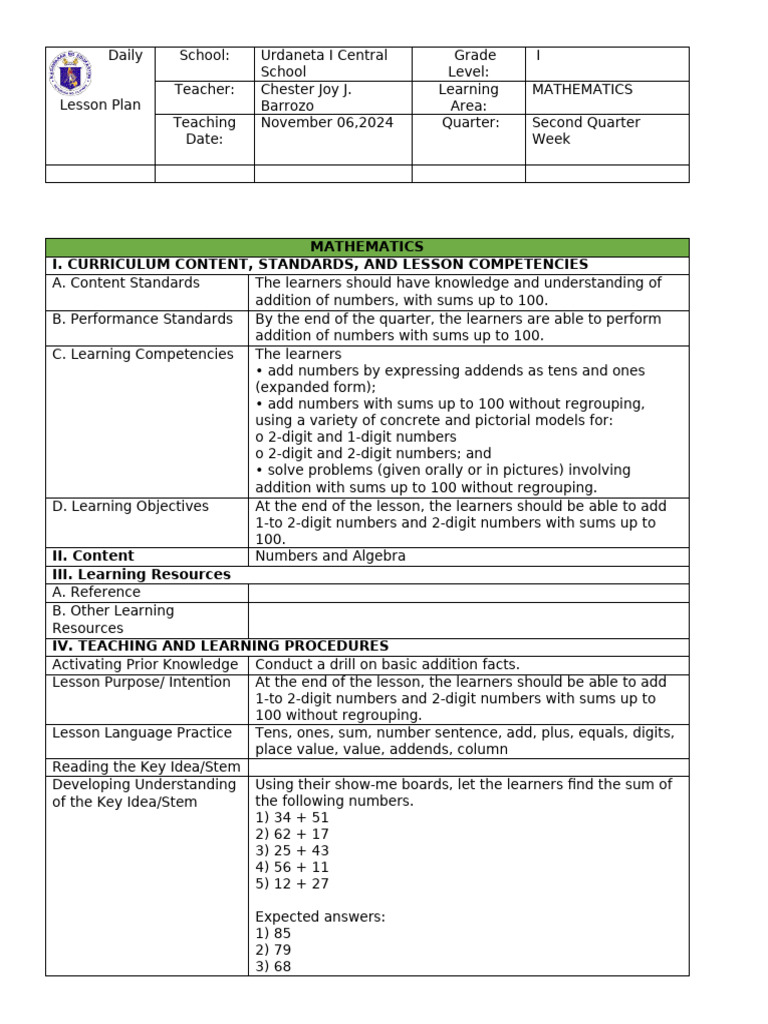 Daily Lesson Plan MATH WEEK 11 06 | PDF | Learning | Mathematics