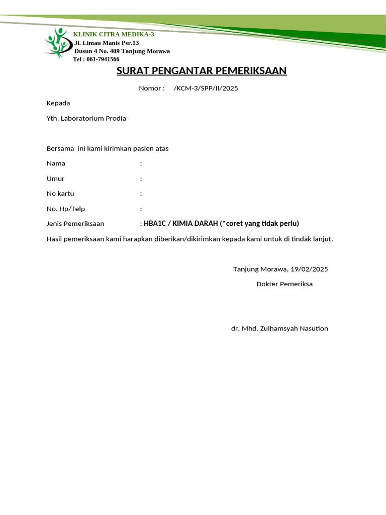 Surat Pengantar pemeriksaan lab | PDF