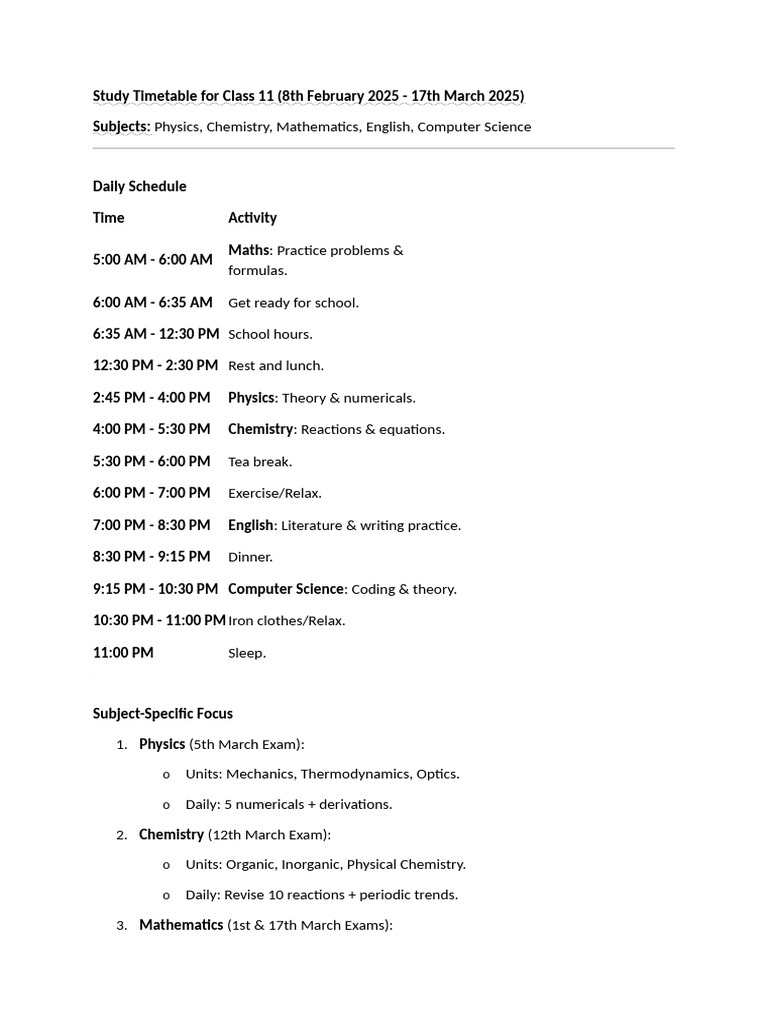 Study Timetable For Class 11 | PDF