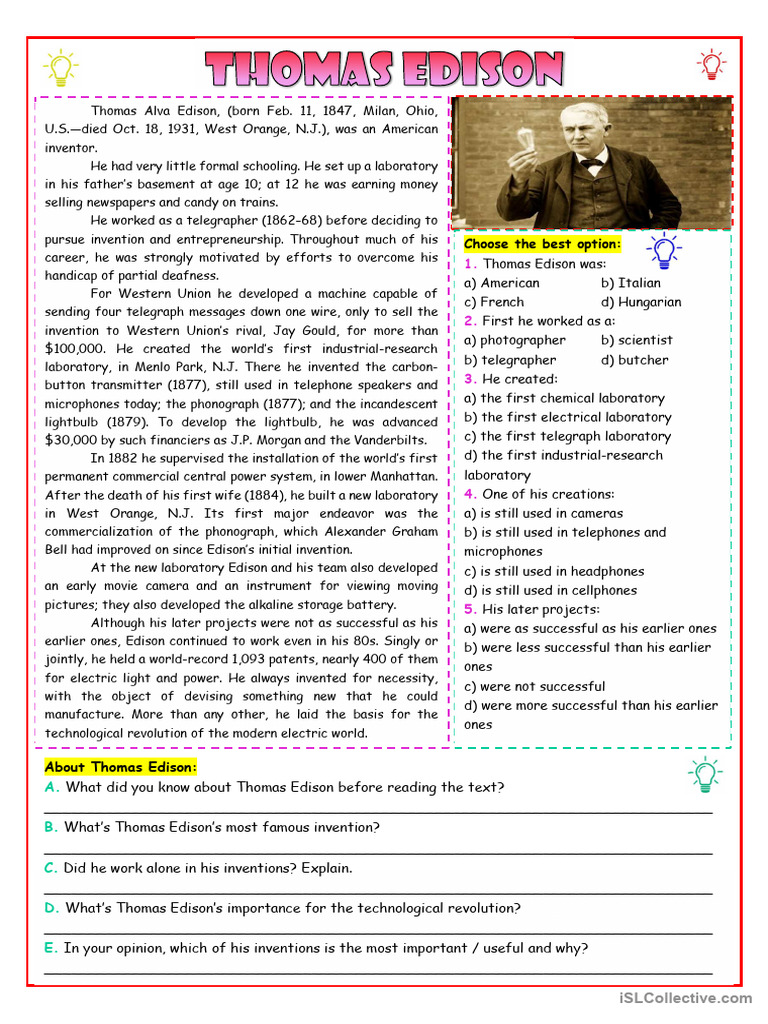 Thomas Edison - Reading Comprehension | PDF | Thomas Edison ...
