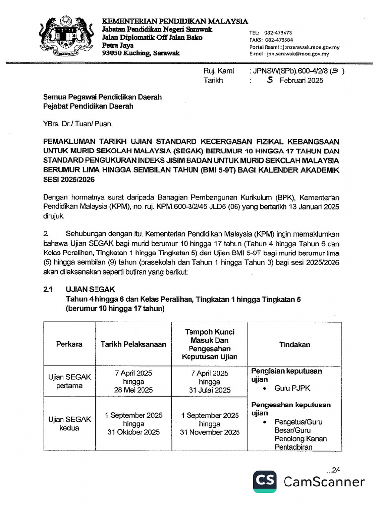 Surat Pemakluman Tarikh Ujian Segak Umur 10 17 Tahun Dan Bmi 2025 | PDF