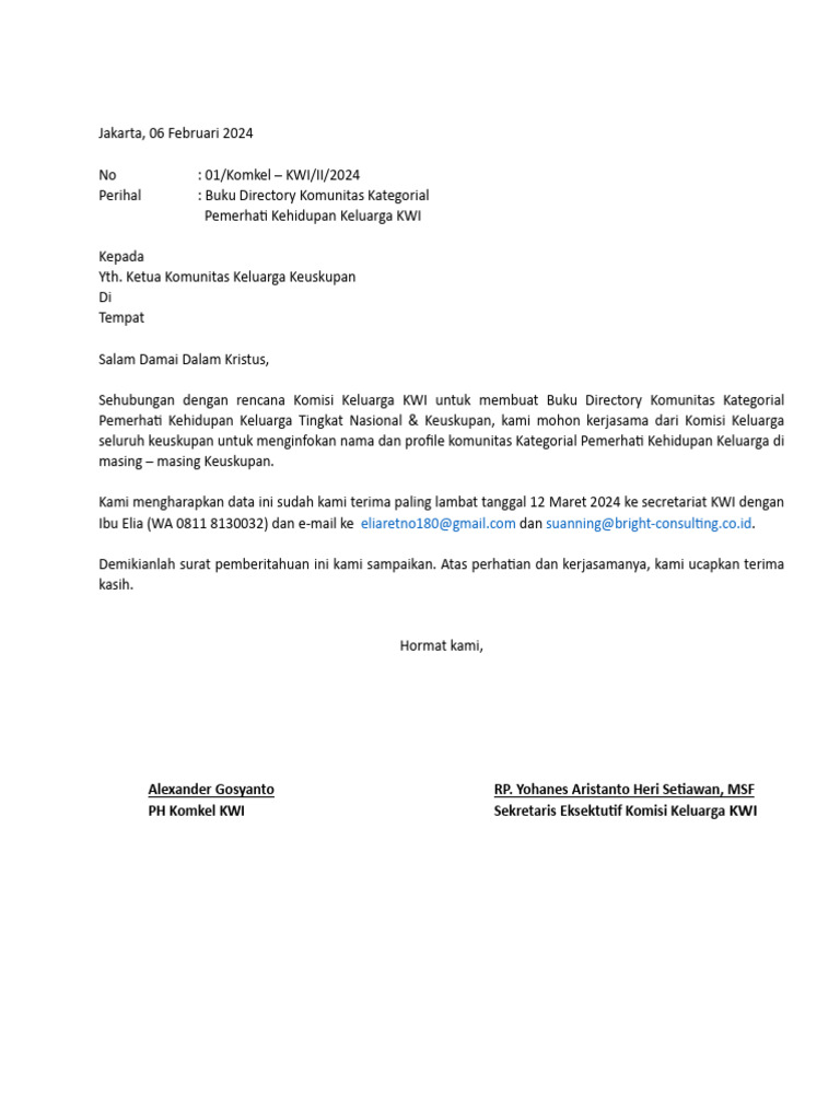 Draft Surat Pembuatan Buku Directory Komkel KWI | PDF