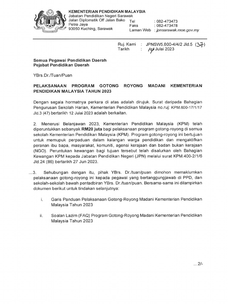 Surat Pelaksanaan Program Gotong Royong Madani KPM Tahun 2023 | PDF