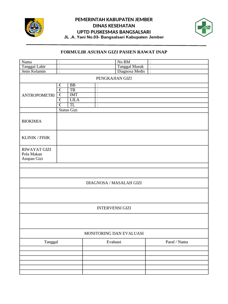 Formulir Asuhan Gizi Puskesmas | PDF