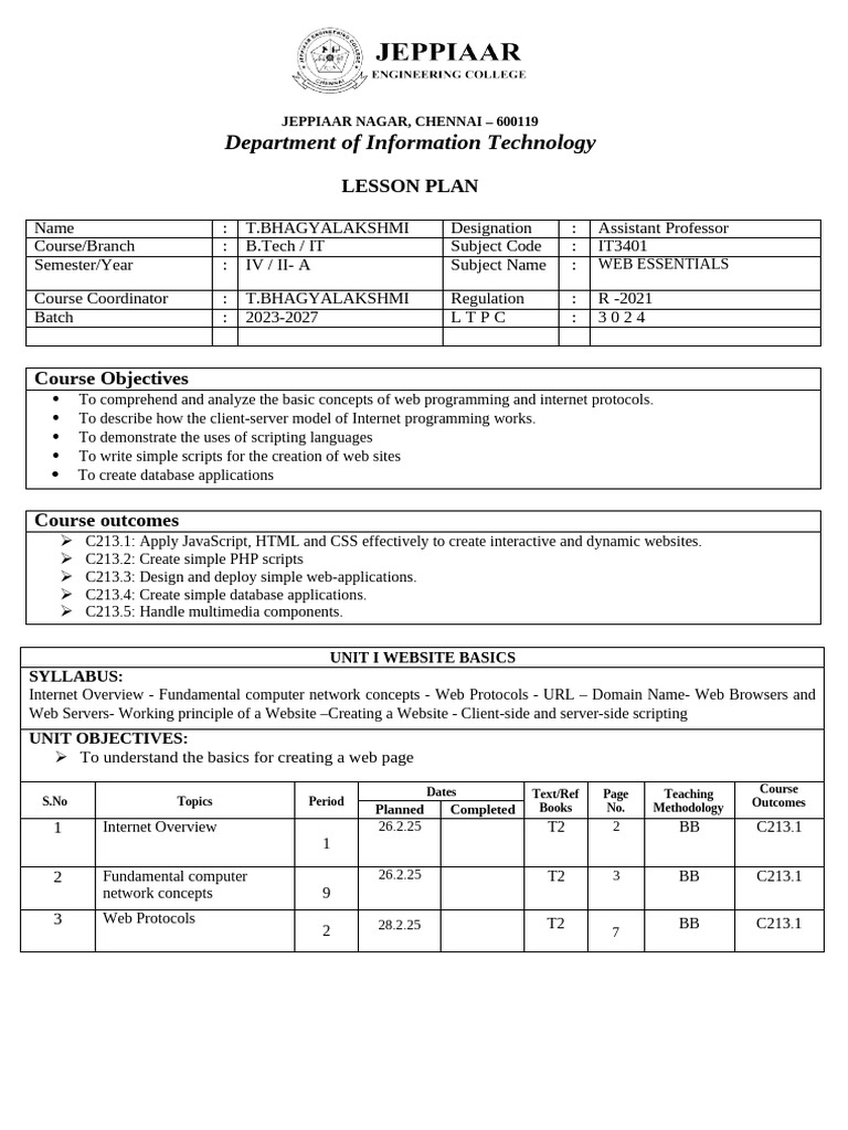 IT3401 Web Essentials Lesson Plan | PDF | World Wide Web | Internet & Web