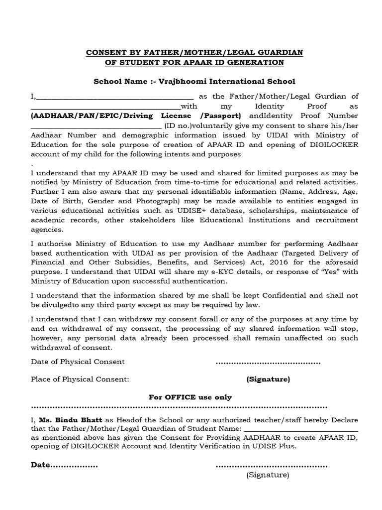 NEW Consent - Form - APAAR - Modified Data For UDISE+ 2024-25 | PDF