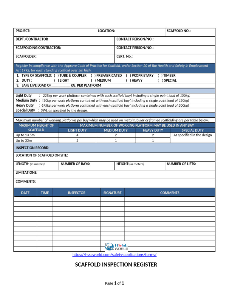 Scaffold Inspection Register | PDF